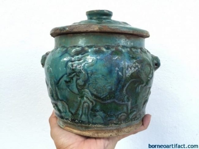 Kamcheng Covered Jar GREEN ANTIQUE Box Food Serving Chinese Art