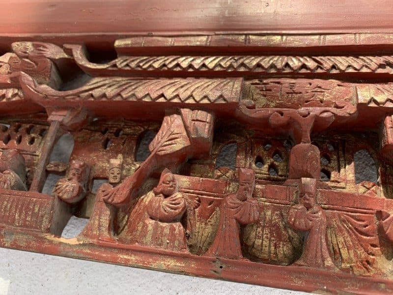 CHINESE PANEL FAMILLE ROSE ANTIQUE Wood Carving asian culture