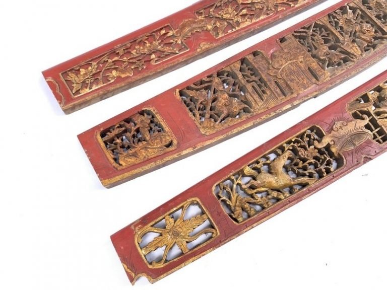 CHINESE PANEL FAMILLE ROSE ANTIQUE Wood Carving asian culture