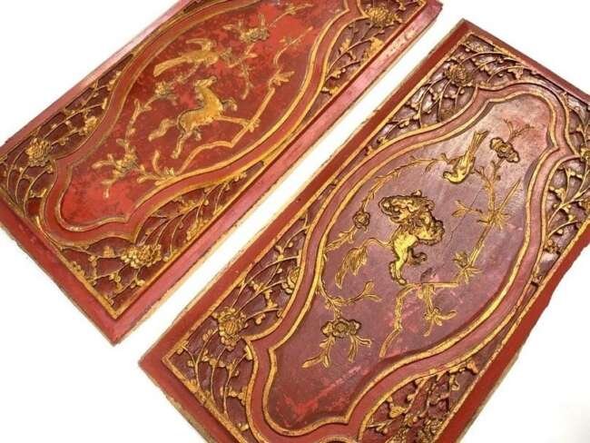 Chinese Wood Carving One Pair Antique Panel Wall Deco Painting