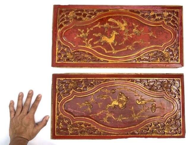 Chinese Wood Carving One Pair Antique Panel Wall Deco Painting